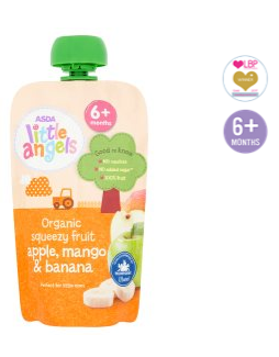 ASDA Little Angels Organic Squeezy Fruit Pouch Apple Mango & Banana 6m ...